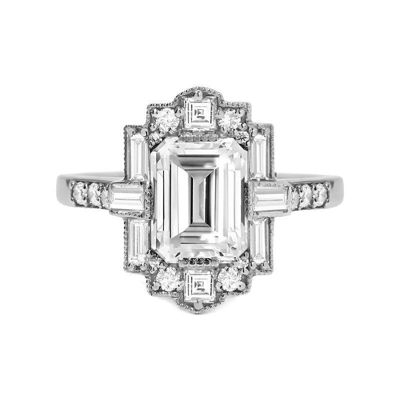 Art Deco Emerald Cut Moissanite Milgrain Engagement Ring - ReadYourHeart