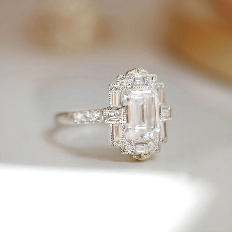 Art Deco Emerald Cut Moissanite Milgrain Engagement Ring - ReadYourHeart