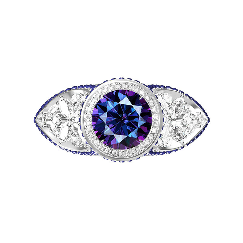 Art Deco Halo Round Moissanite Cluster Side-stone Sapphire Pave Engage ...