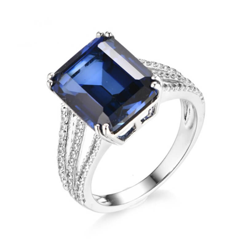 Emerald Cut Blue Lab Grown Sapphire Triple Split Shank Pave Engagement ...