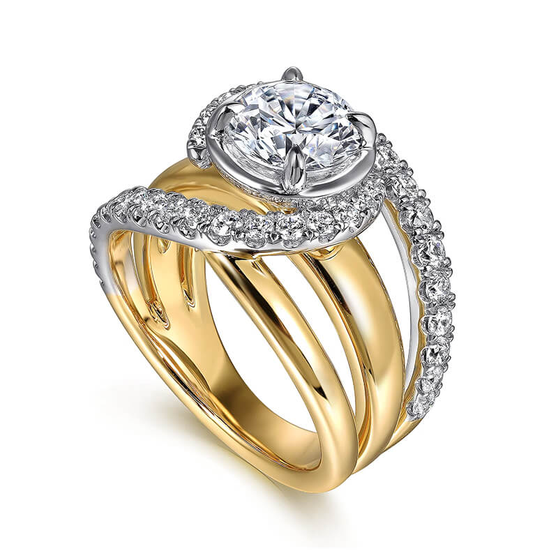 Fancy Halo Moissanite Three Split Shank Pave Two Tone Engagement Ring ...