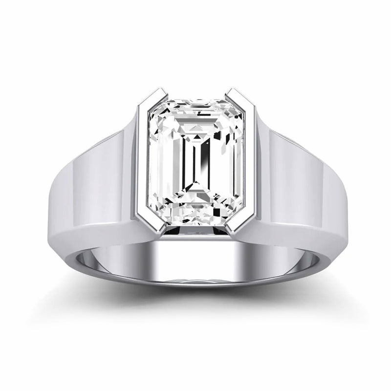 Solitaire Emerald Moissanite Half Bezel Set Engagement Ring In Sterling ...