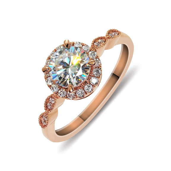 Halo Round Moissanite Side Stone Milgrain Gold Engagement Ring ...