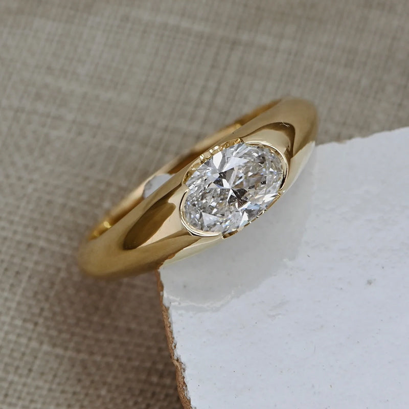 Solitaire Oval Moissanite Half Bezel Set Engagement Ring In Sterling ...