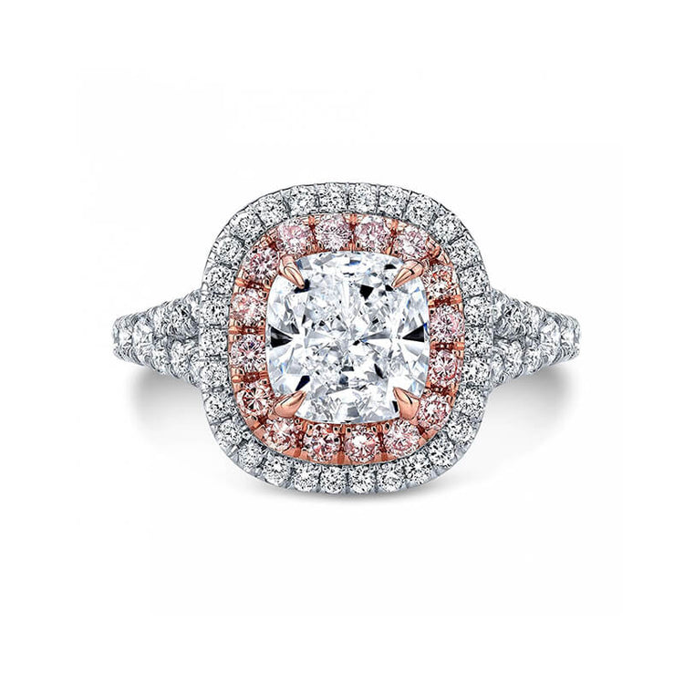 Two Tone Double Halo Cushion Moissanite Split Shank Pavé Engagement ...