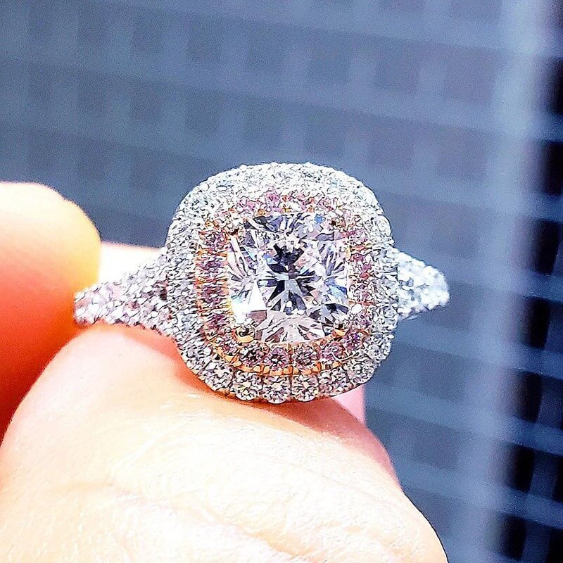 Two Tone Double Halo Cushion Moissanite Split Shank Pavé Engagement ...